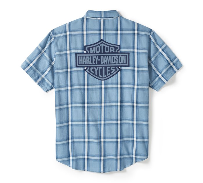 Men's Bar & Shield Staple Short Sleeve Shirt - Plaid - Faded Denim & Cloud Dancer | Harley ...