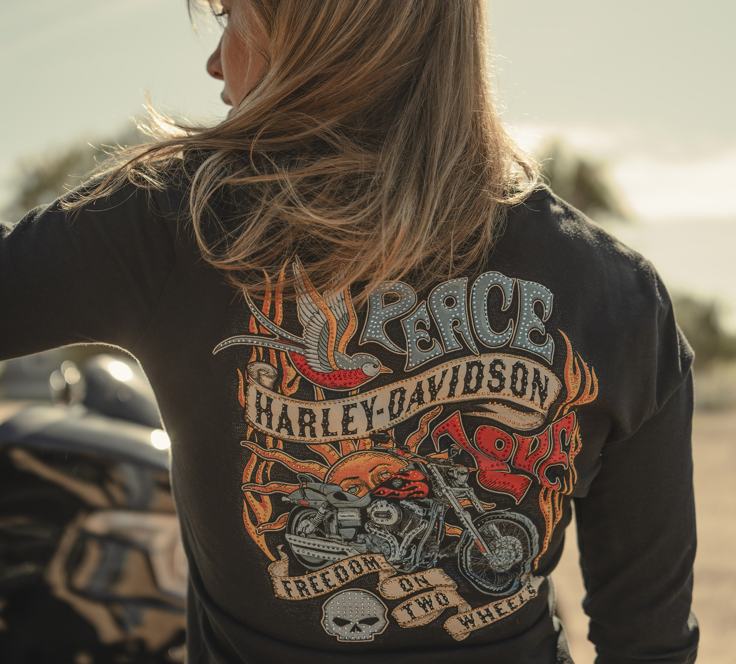 Women's Bling Freedom on Wheels Long Sleeve Rip & Repair Crew Tee ...