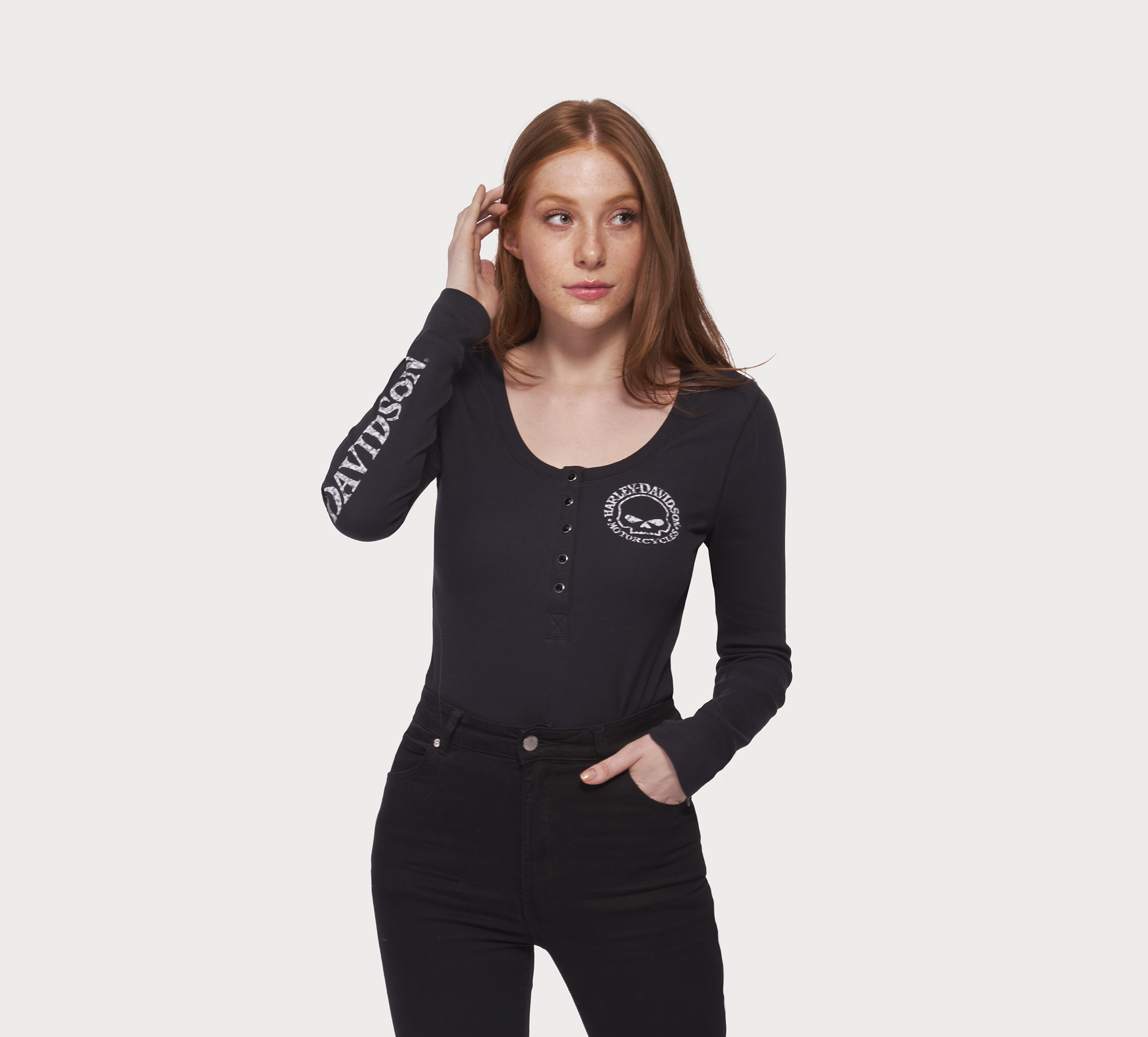 Women's Willie G Skull Snap Front Long Sleeve Henley | Harley-Davidson USA